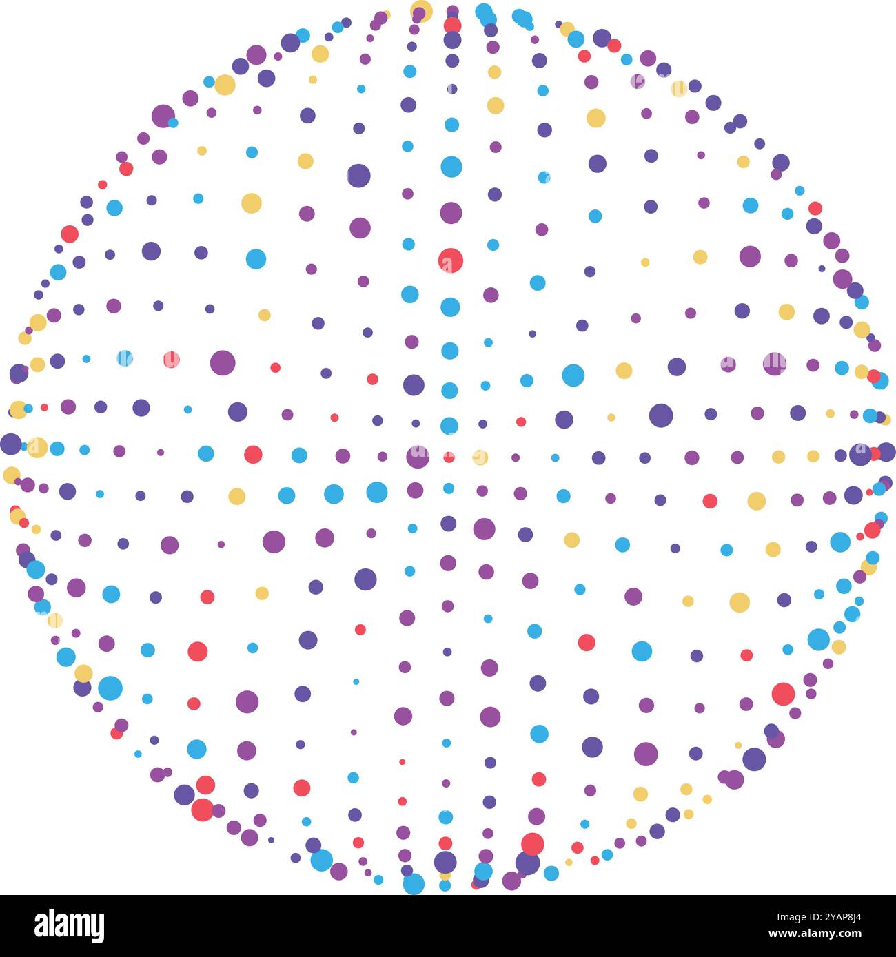 Colorful dots of varying sizes are forming an abstract sphere on a ...
