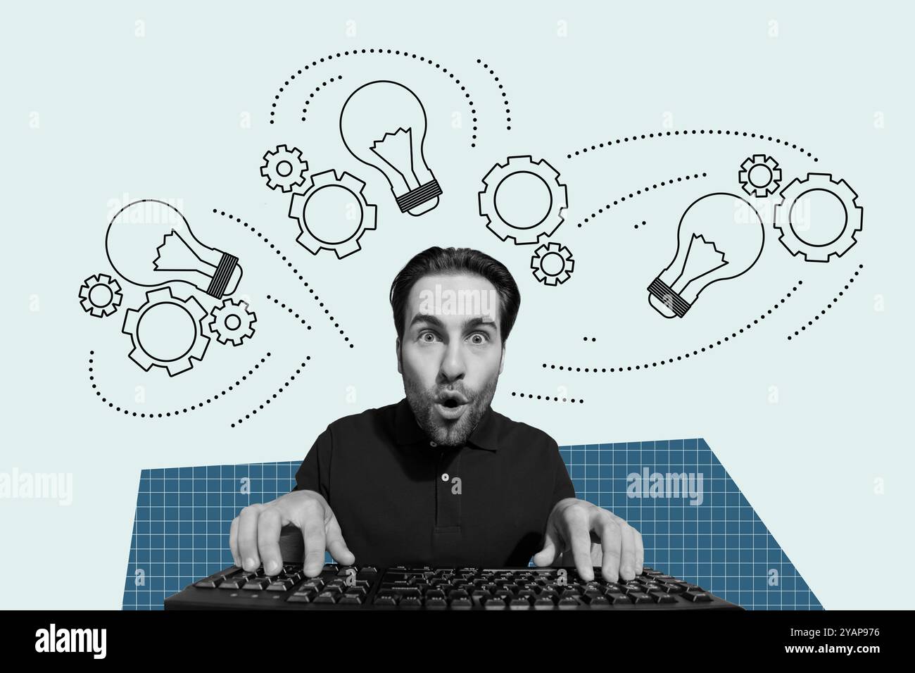 Photo collage young man workaholic browsing pc computer keyboard typing ...