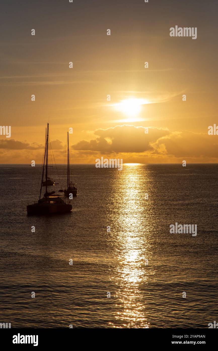 Beautiful golden sunrise over yachts in the harbour at Machico , the ...