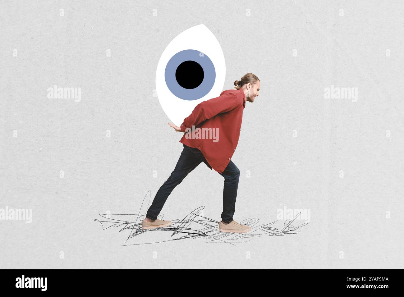 Creative collage picture young man carry eyeball sight vision espionage ...