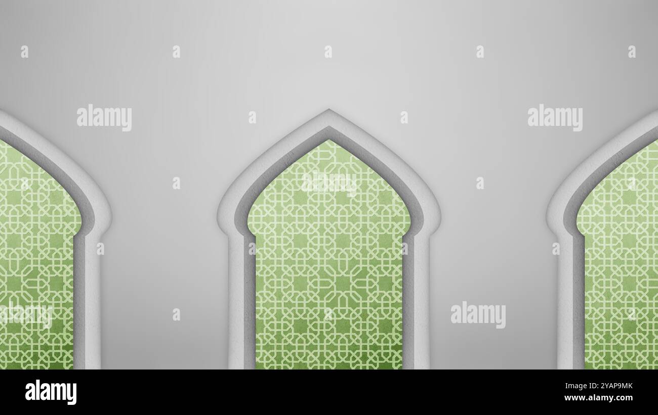 Abstract pattern of three green mosque windows with white wall ...