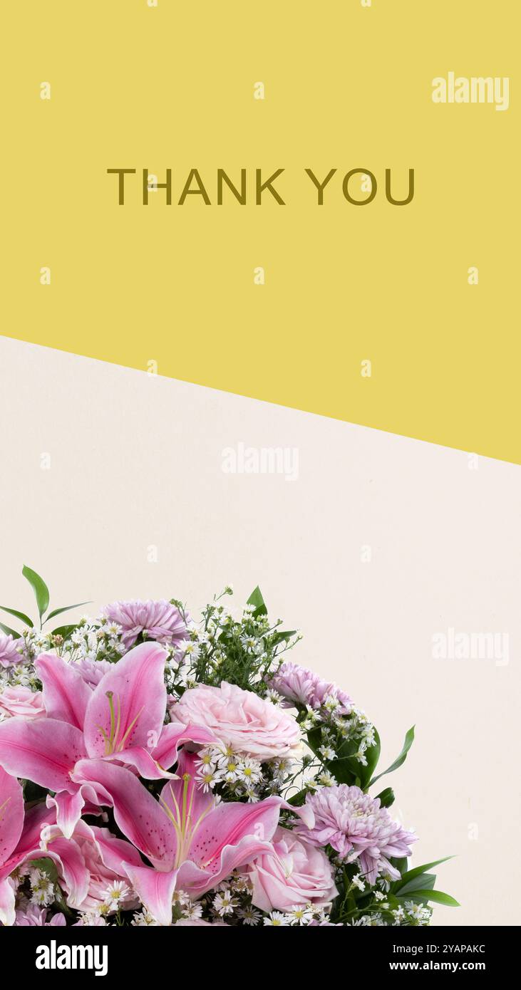 Yellow paper with flowers bucket and words "Thank You" written on it ...