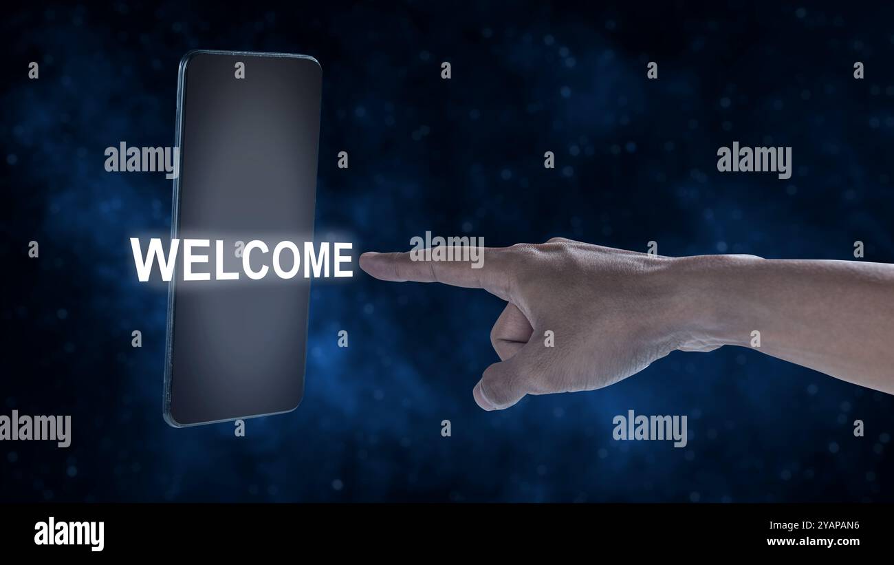 Human hand pointing a mobile phone with word "Welcome" on the screen ...