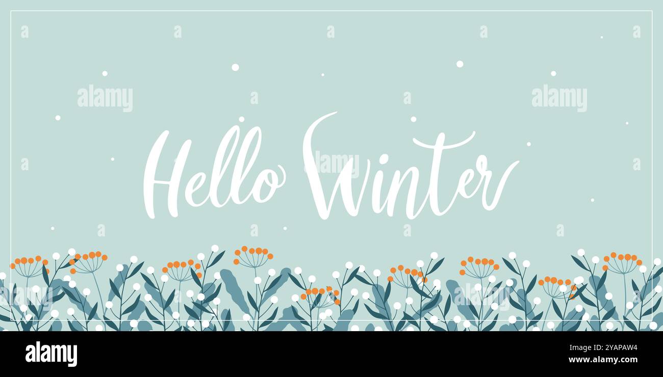 Hello Winter, text on banner with winter cool branch blue cool colors ...