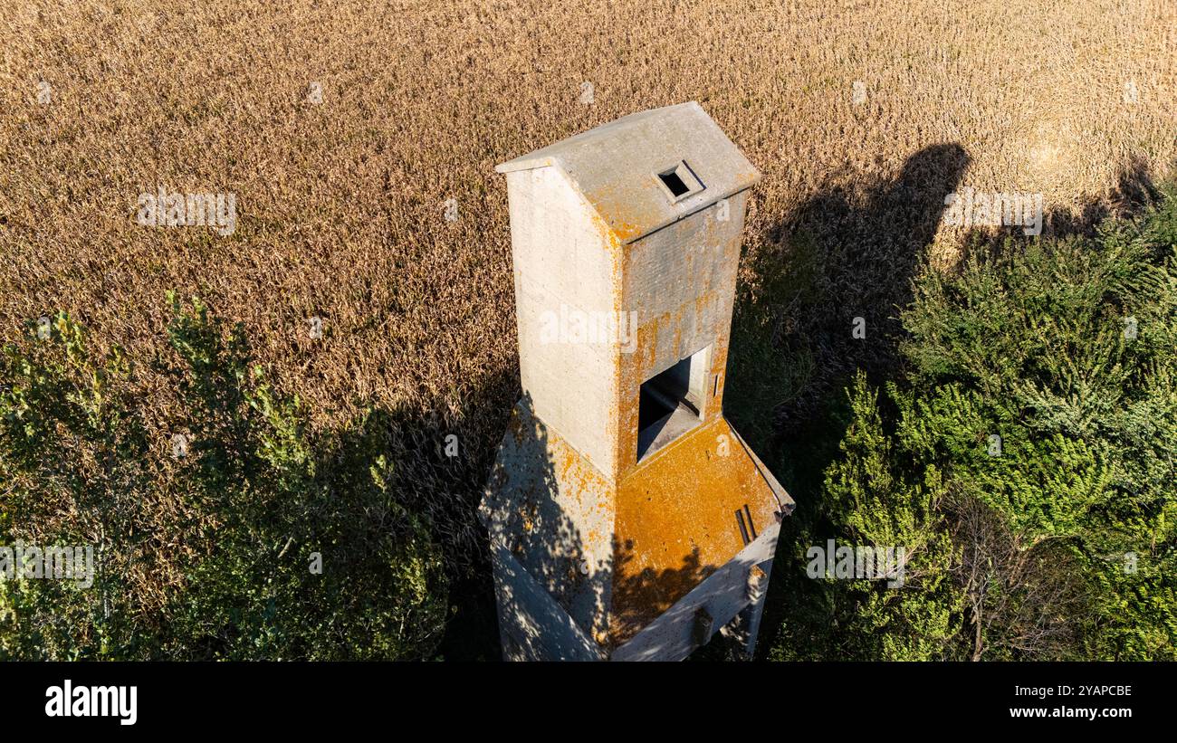 Aerial photograph of an abandoned grain elevator standing in a corn ...