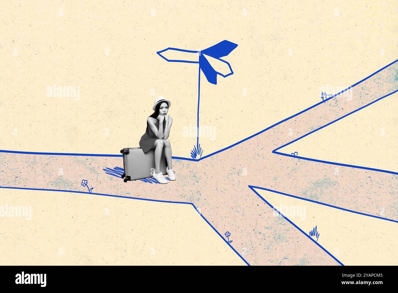 Composite photo collage of sad girl refugee sit suitcase lost direction ...