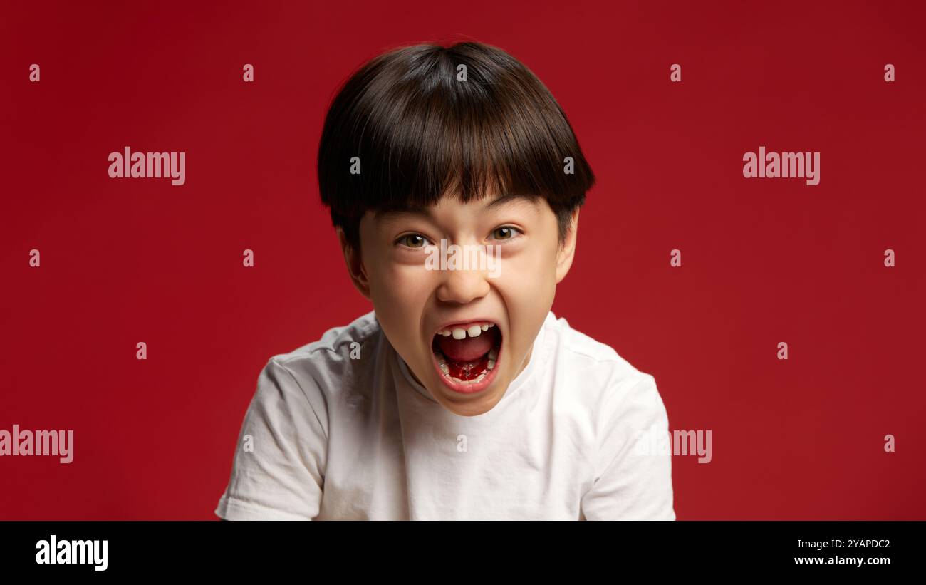 Portrait of aggressively shouting, with wide open mouth, little Asian ...