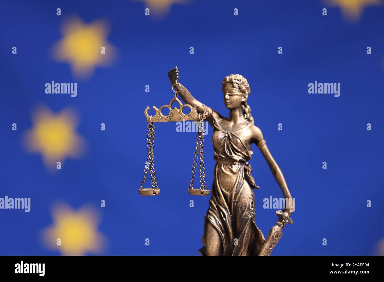 Figure of Lady Justice against European Union flag, closeup Stock Photo ...