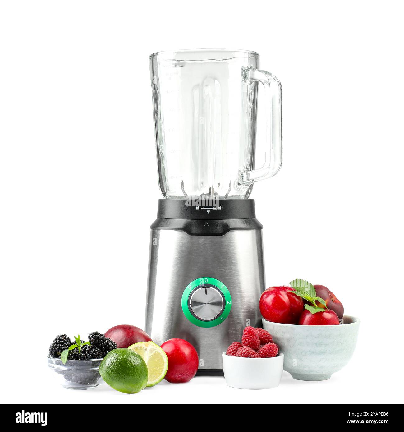 Blender and fresh ingredients isolated on white Stock Photo - Alamy