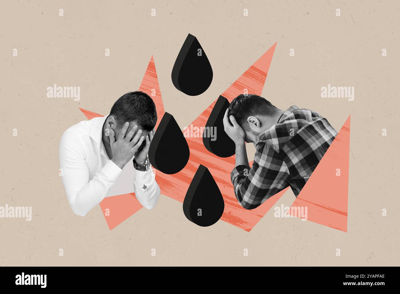 Creative photo collage young depressed sad man anxiety mental pressure ...