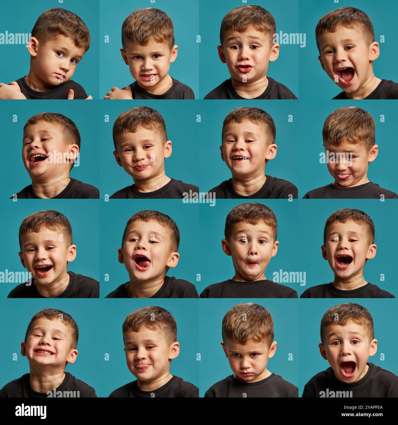 Collage. Little boy, child showing variety of facial expressions ...