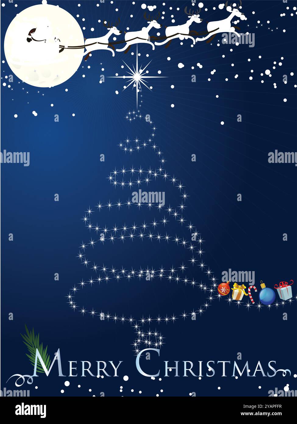 Merry christmas tree with a santa and reindeer flying above it. The ...