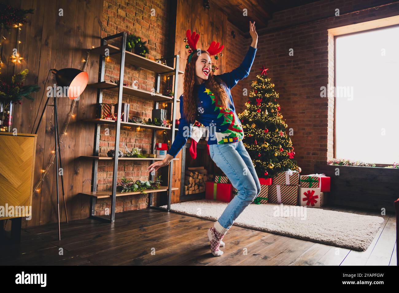 Photo of cheerful positive lovely girl wear blue clothes weekend dance ...