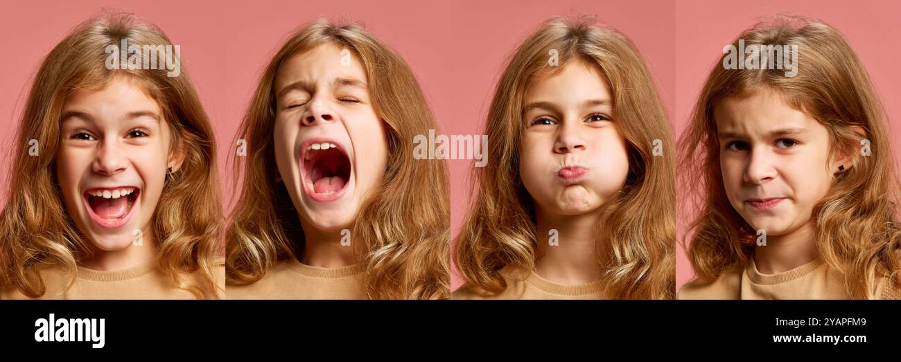 Collage made of close-up portraits of little girl, child expressing different emotions against ...