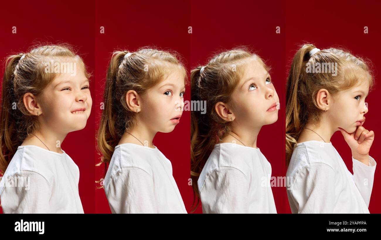 Collage. Side view portrait of little playful girl, child expressing ...