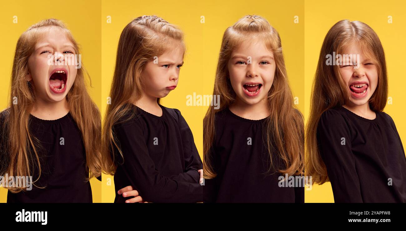 Collage. Portraits of beautiful little girl, child expressing different ...