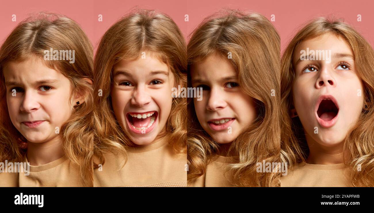Collage made of close-up portraits of little girl, child expressing different emotions against ...