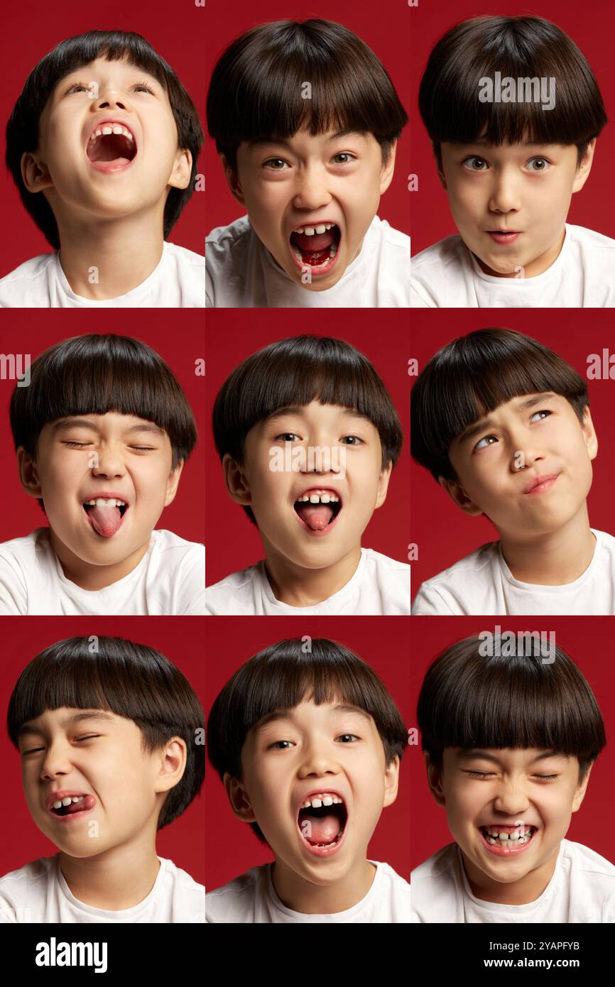 Collage. Little playful Korean boy, child in white t-shirt expressing ...