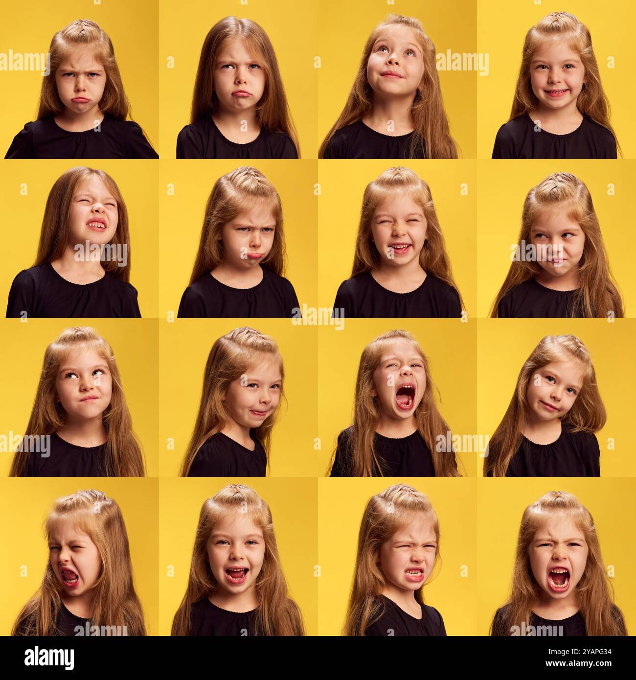 Collage. Portraits of beautiful little girl, child expressing different ...