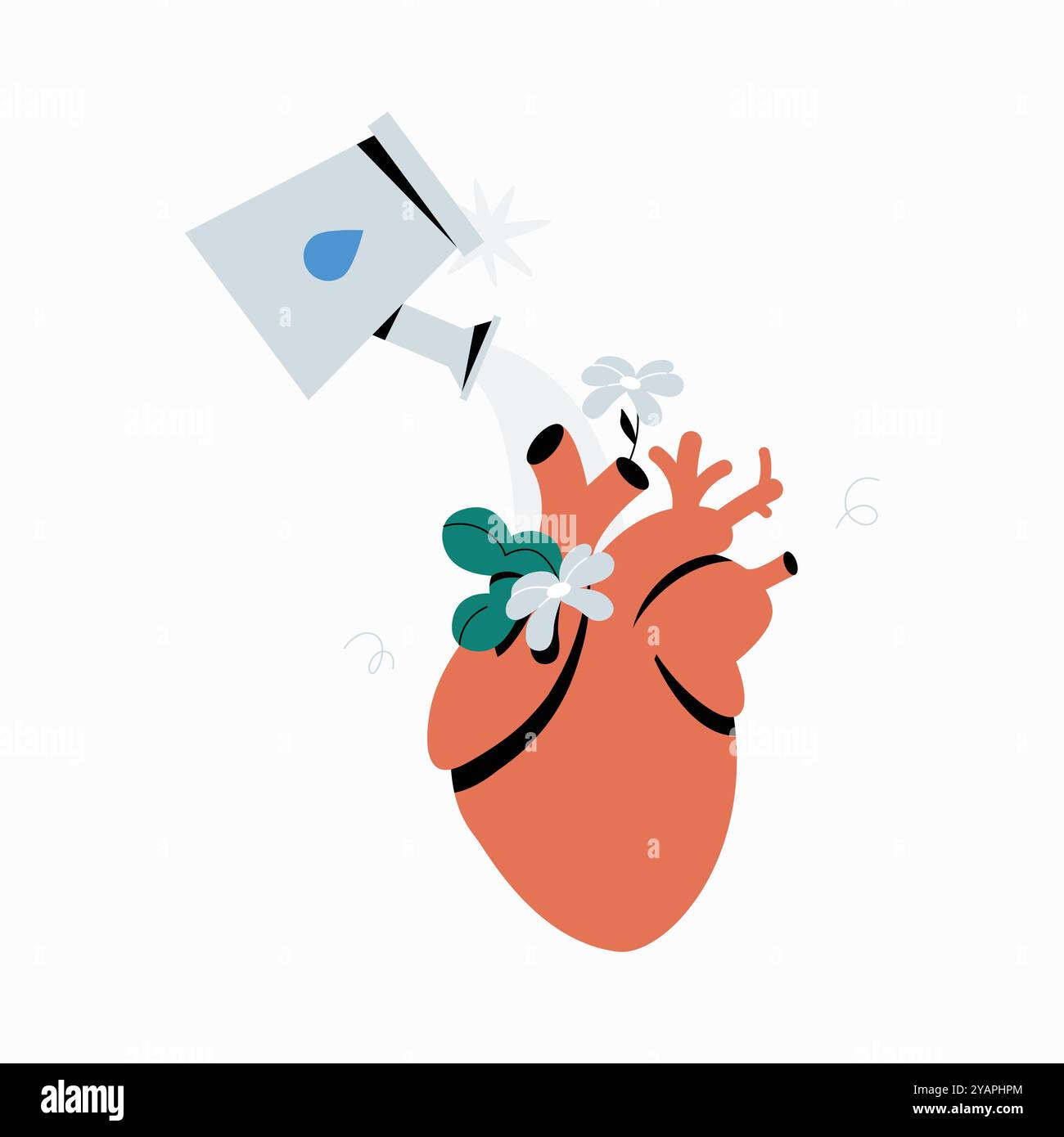 Human heart being watered in flat vector illustration symbolizing heart ...