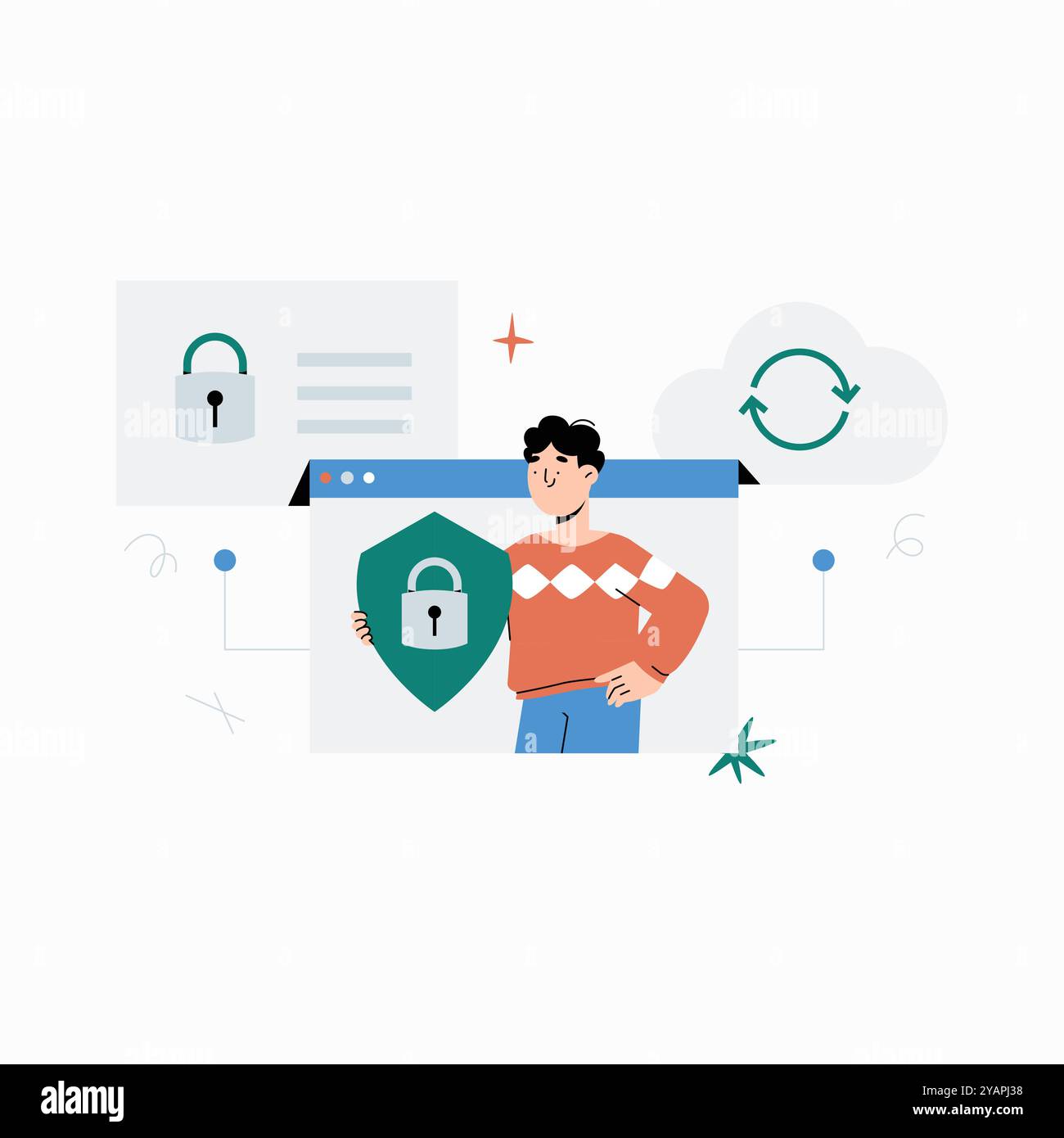 Male character holding a security shield in flat vector illustration ...
