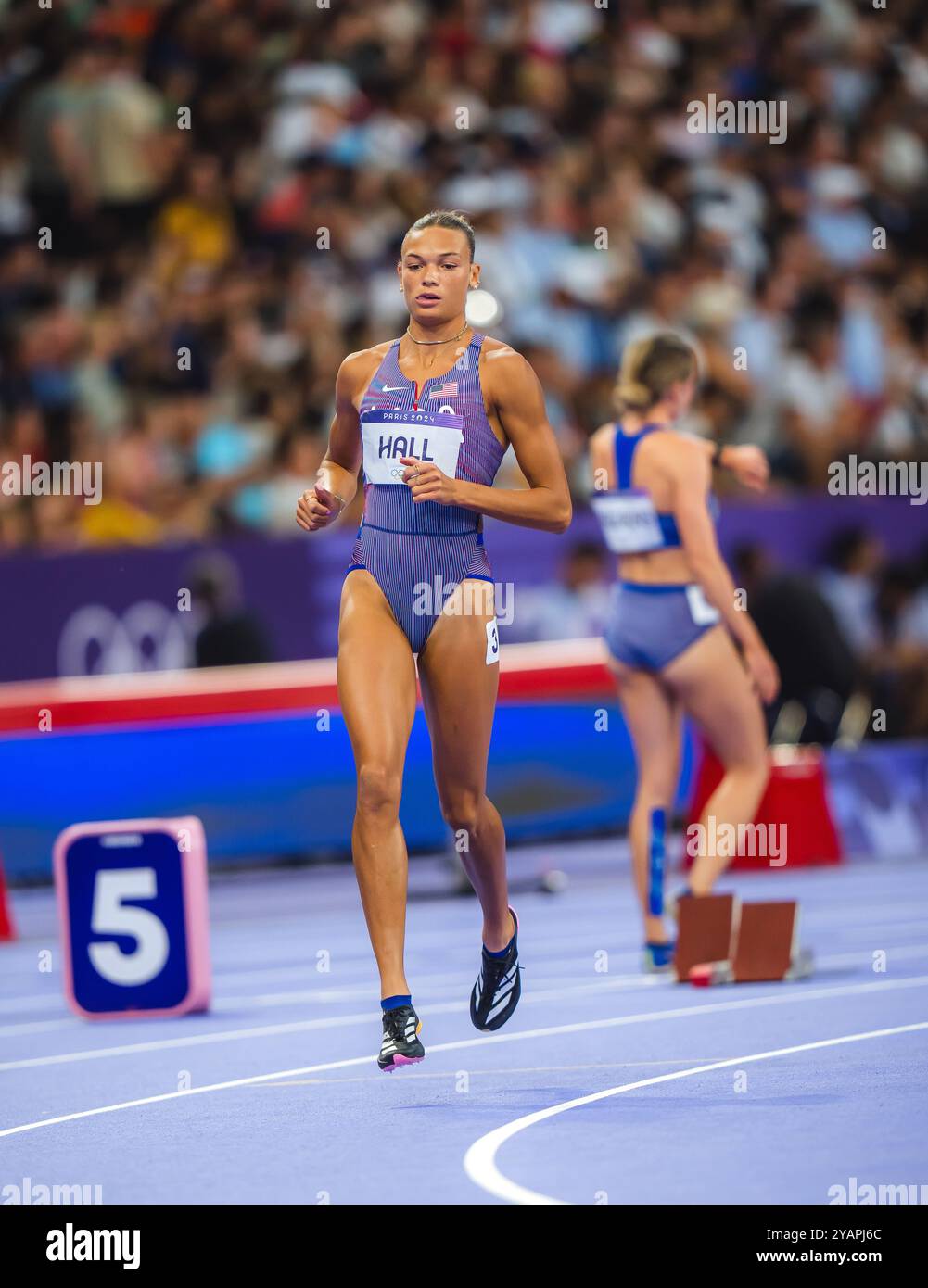 Anna Hall participating in the 200 meters at the Paris 2024 Olympic ...