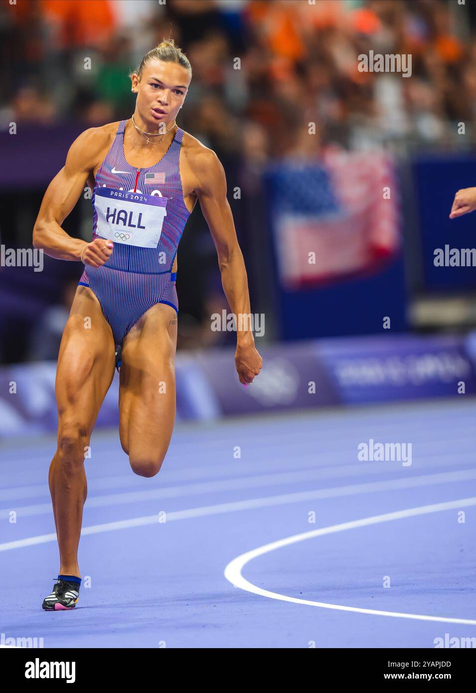 Anna Hall participating in the 200 meters at the Paris 2024 Olympic ...