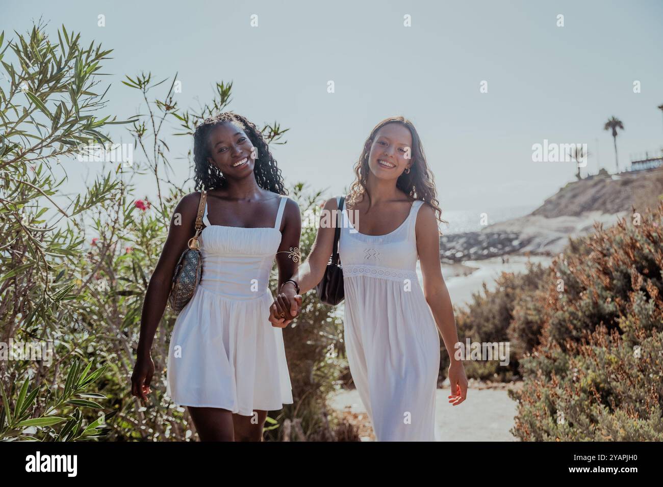 Two women are walking on a path holding hands, best friends in summer ...