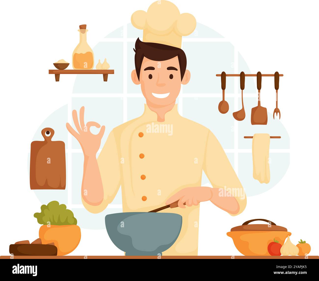 Illustration of a cheerful chef in a kitchen preparing food, giving an ...