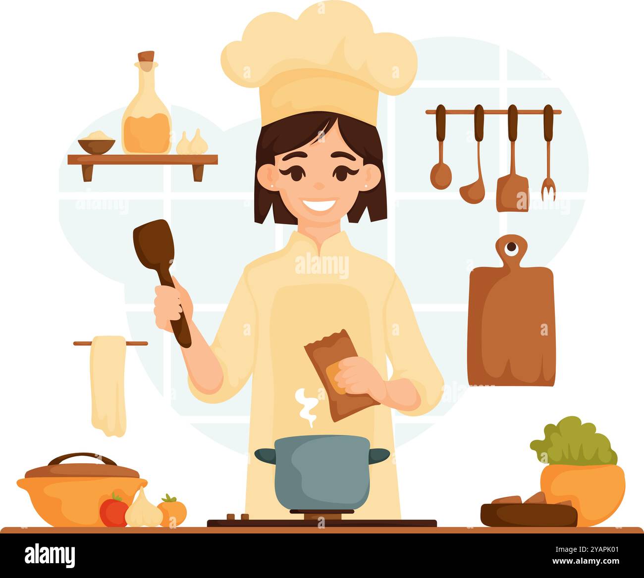 Illustration of a happy female chef preparing a meal in the kitchen ...