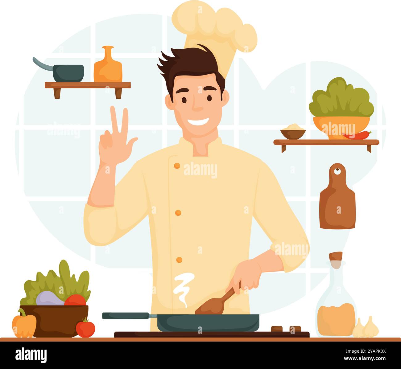 Illustration of a happy male chef in the kitchen cooking in a pan while ...