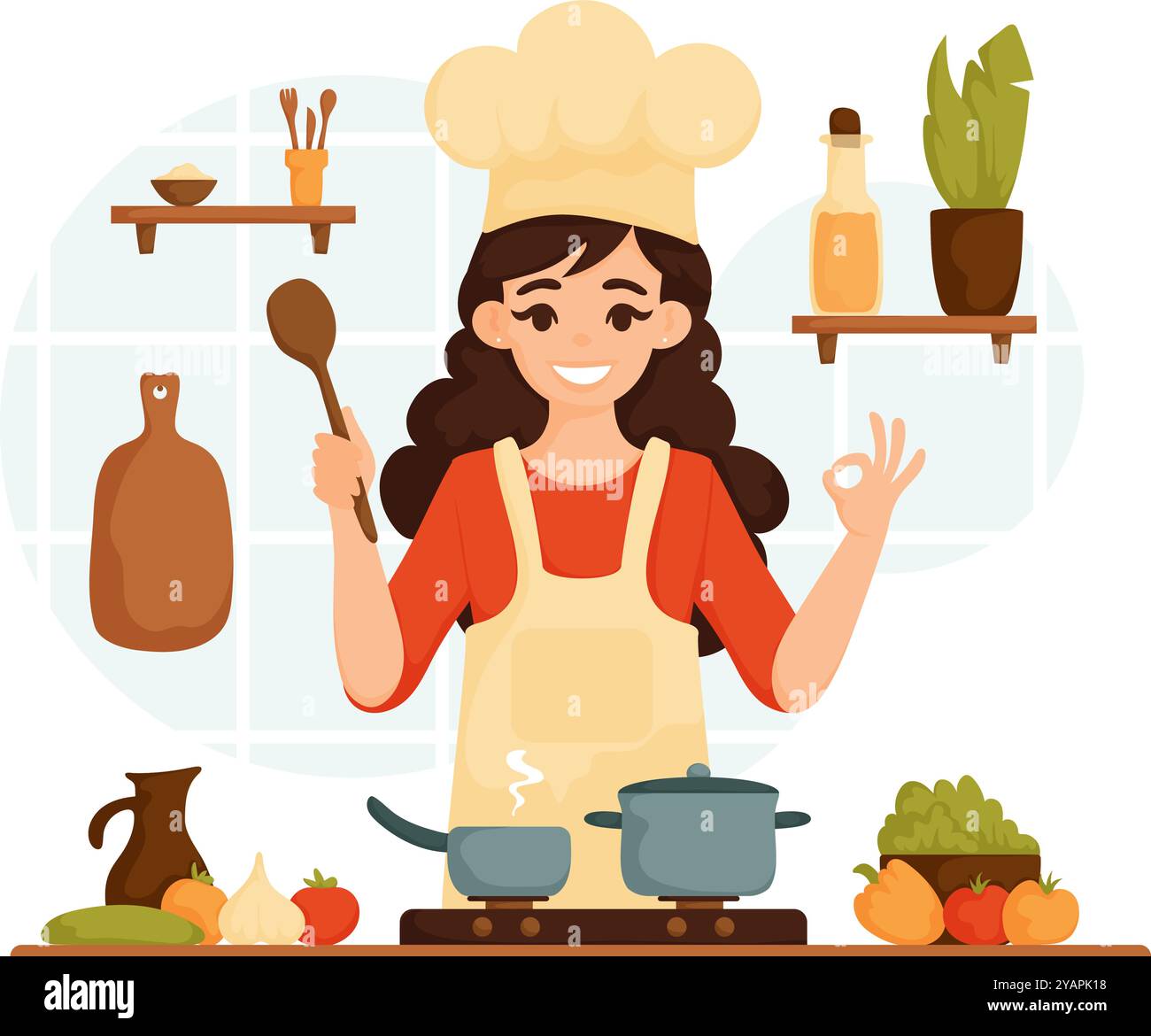 Illustration of a cheerful female chef in the kitchen holding a spoon ...