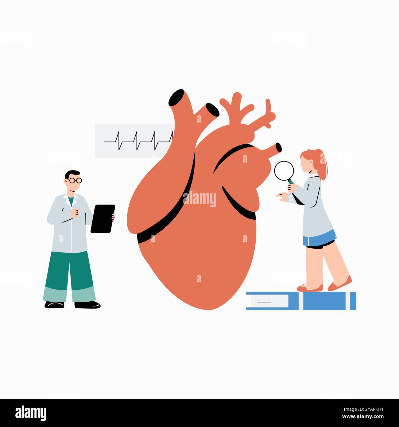 Two doctors examining heart in flat vector illustration symbolizing ...