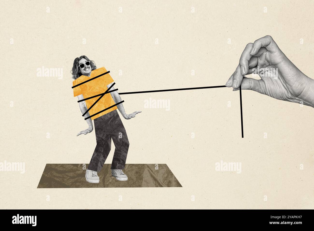 Creative collage picture young tied man string hand body fragment hold ...