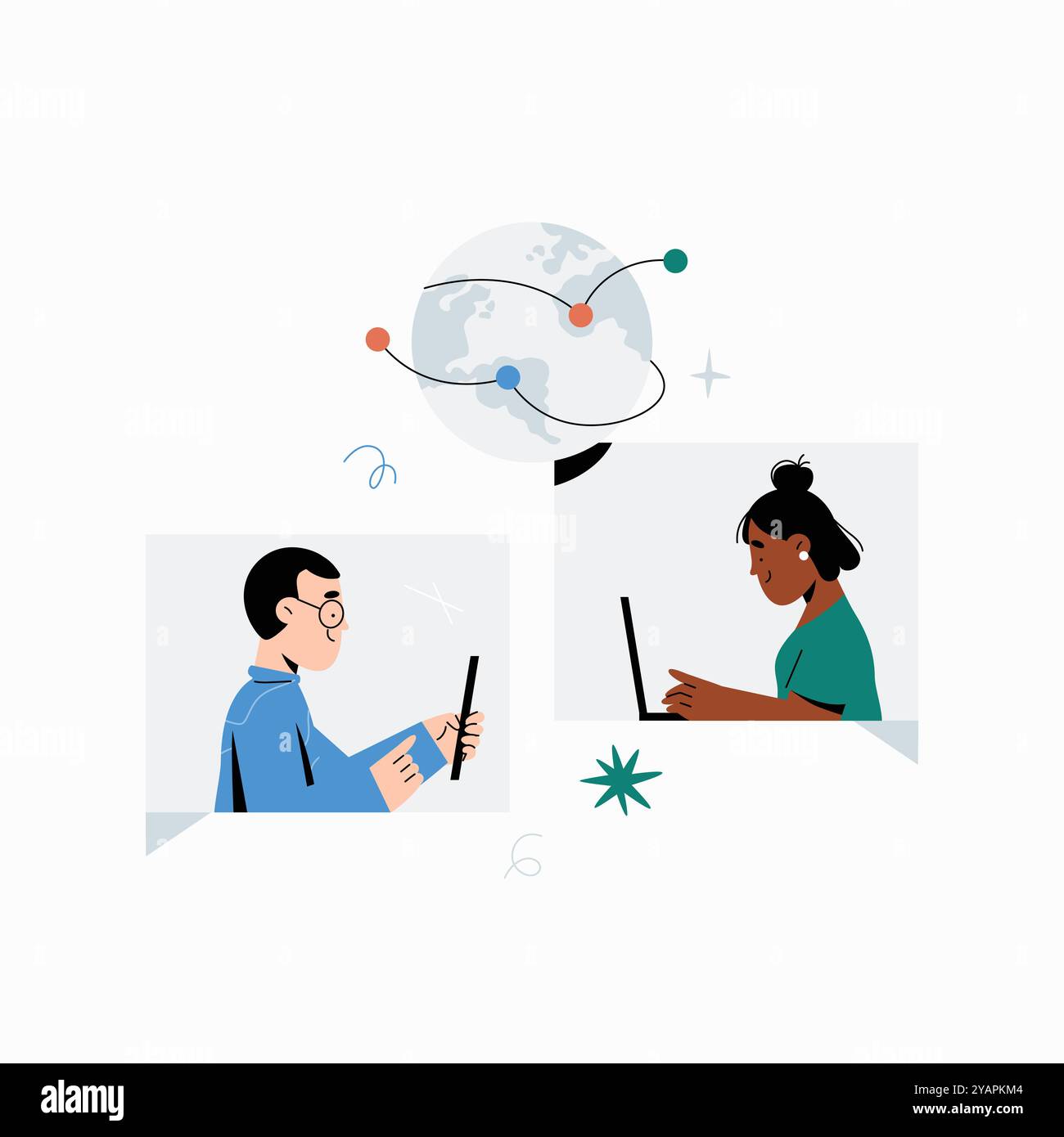 Male and female characters working remotely in flat vector illustration ...