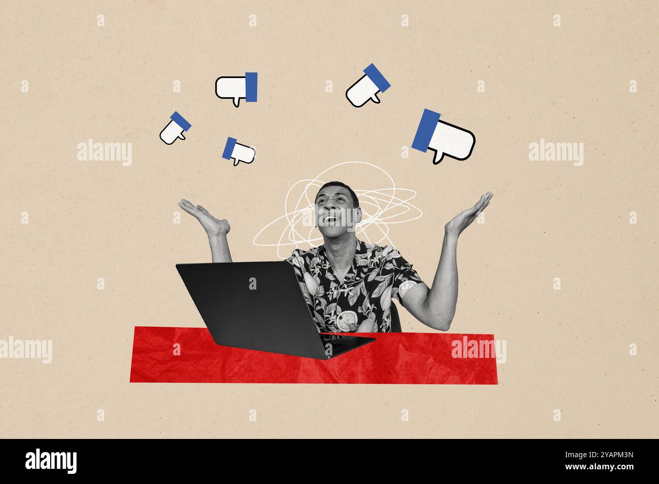 Composite photo collage of upset american man unpopular dislike thumbs down social media ...