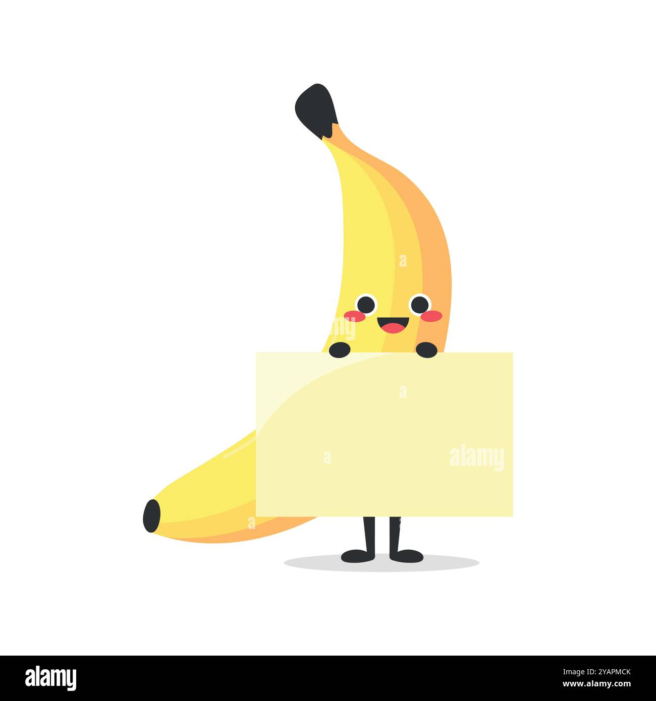 Cute cartoon banana character holding a blank paper banner. Banana fruit mascot. Vector ...