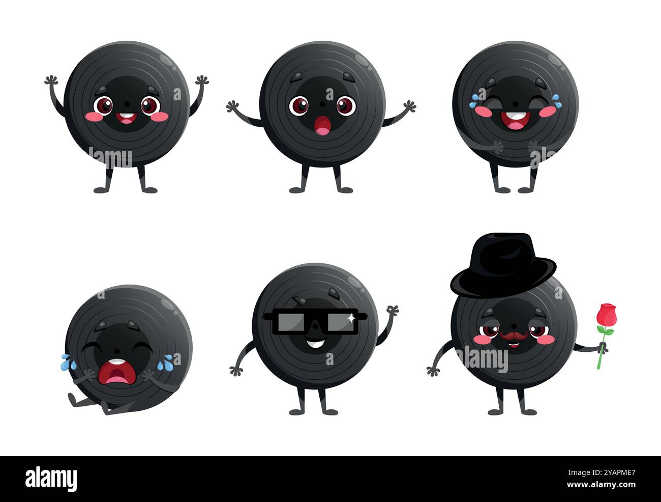 Set of cute cartoon vinyl record characters. Vinyl disk, gramophone ...