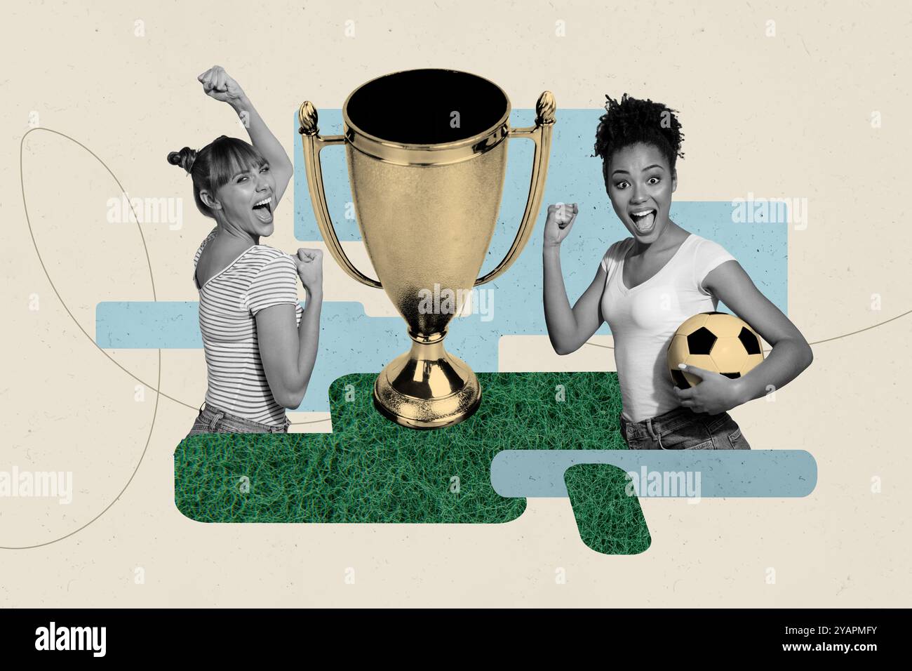 Creative collage picture young woman triumph celebrate victory winner ...