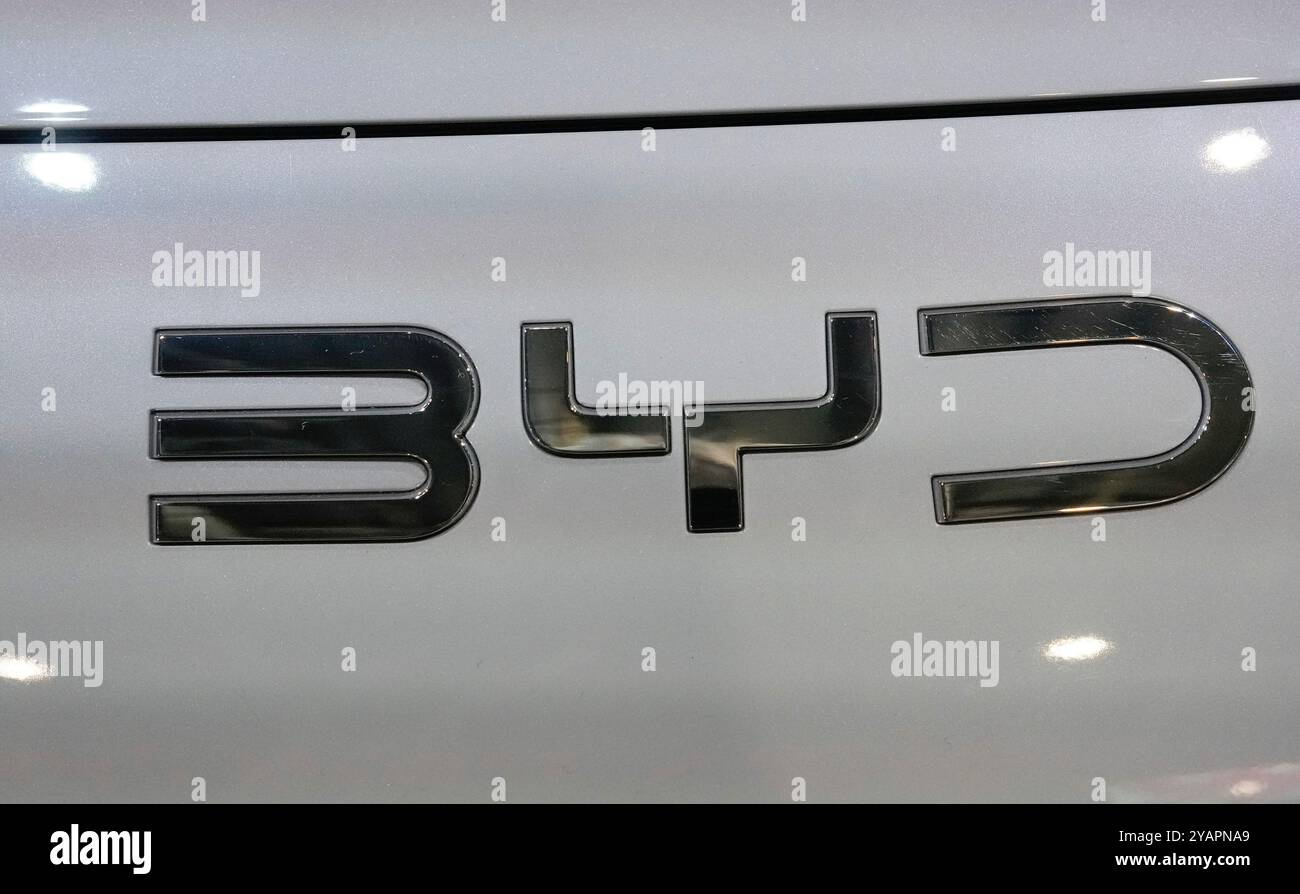 The BYD logo is photographed at the Paris Auto Show, in Paris, Tuesday ...