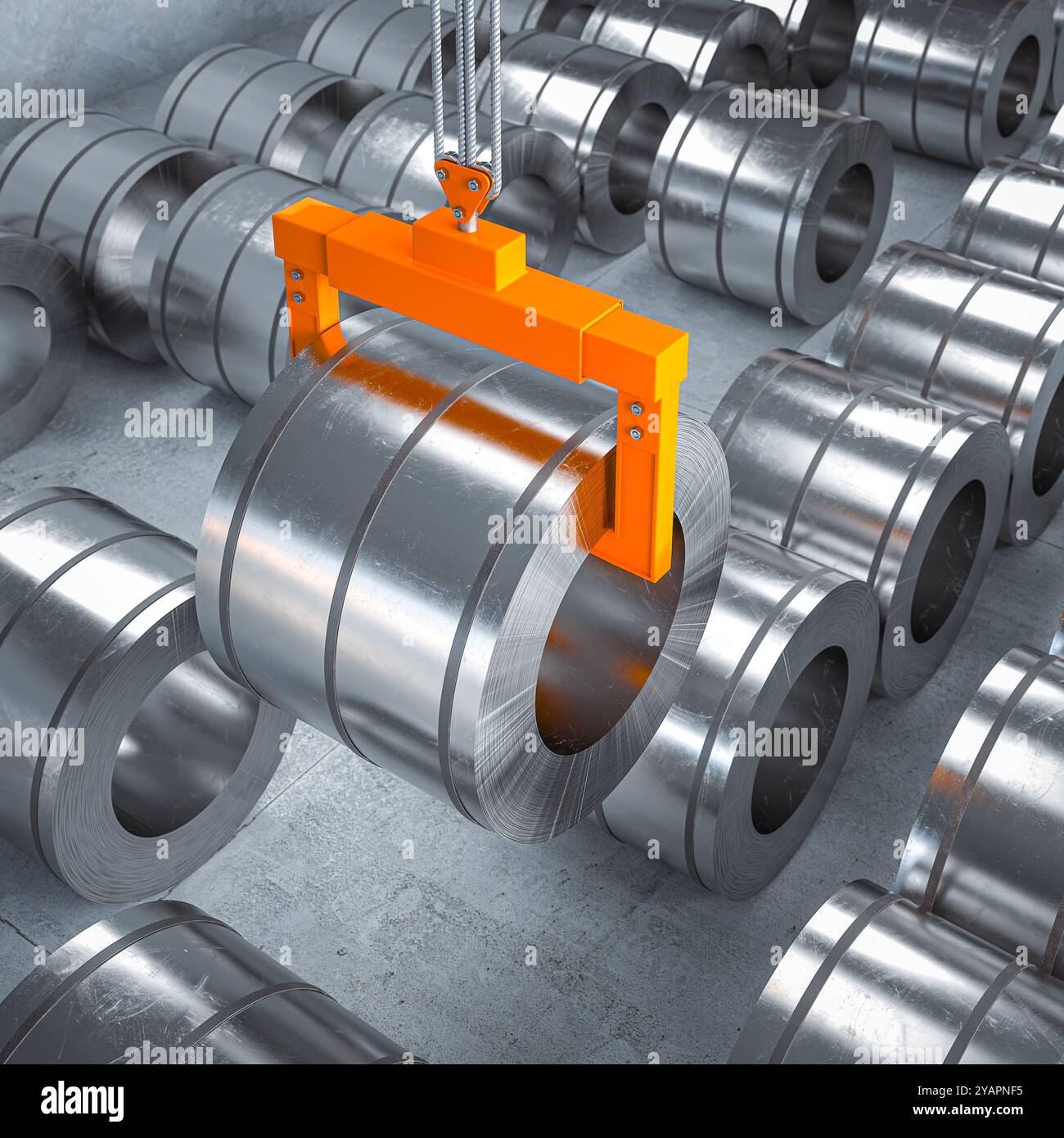Industrial crane lifting steel roll in warehouse 3d background Stock ...