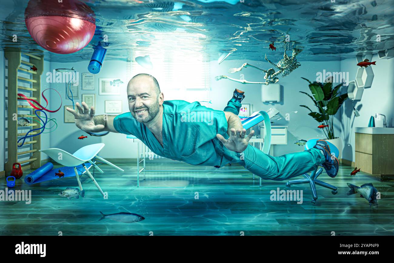 physiotherapy studio, Doctor swimming in flooded hospital room Stock ...