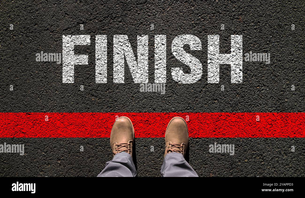 The text "Finish" above the red line in front of the booted feet. View ...