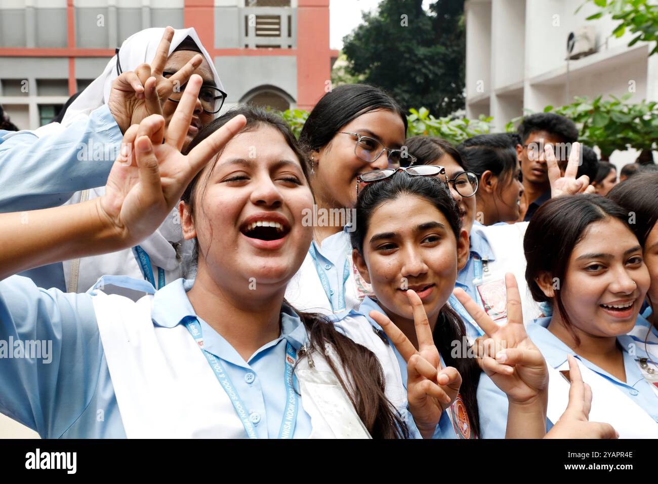 Dhaka, Bangladesh - August 15, 2024: Viqarunnisa Noon School and College students celebrating ...