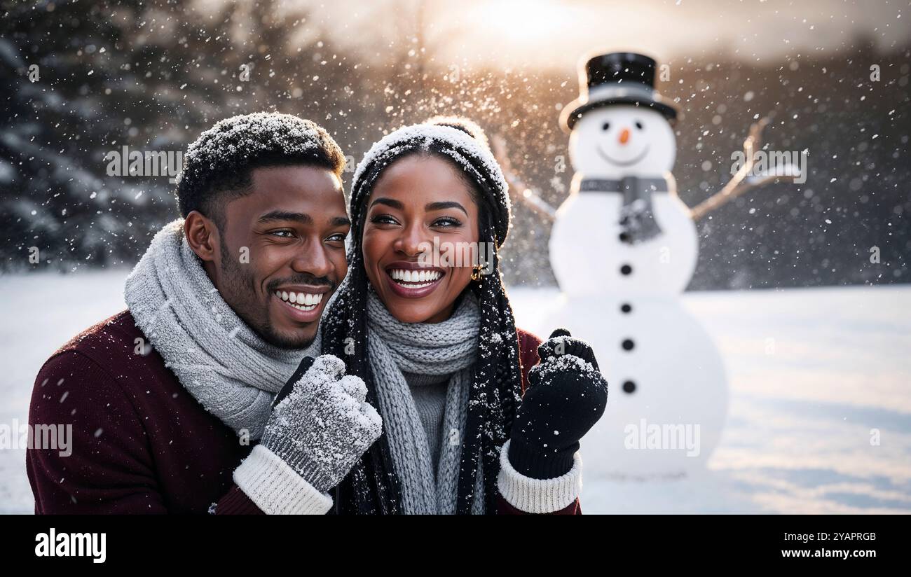 Happy young couple of african ethnicity in wintry environment. In the ...