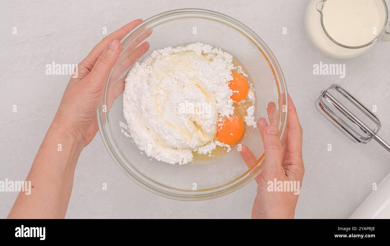 Whipped cream cheese recipe, mixing ingredients in a glass bowl, view ...