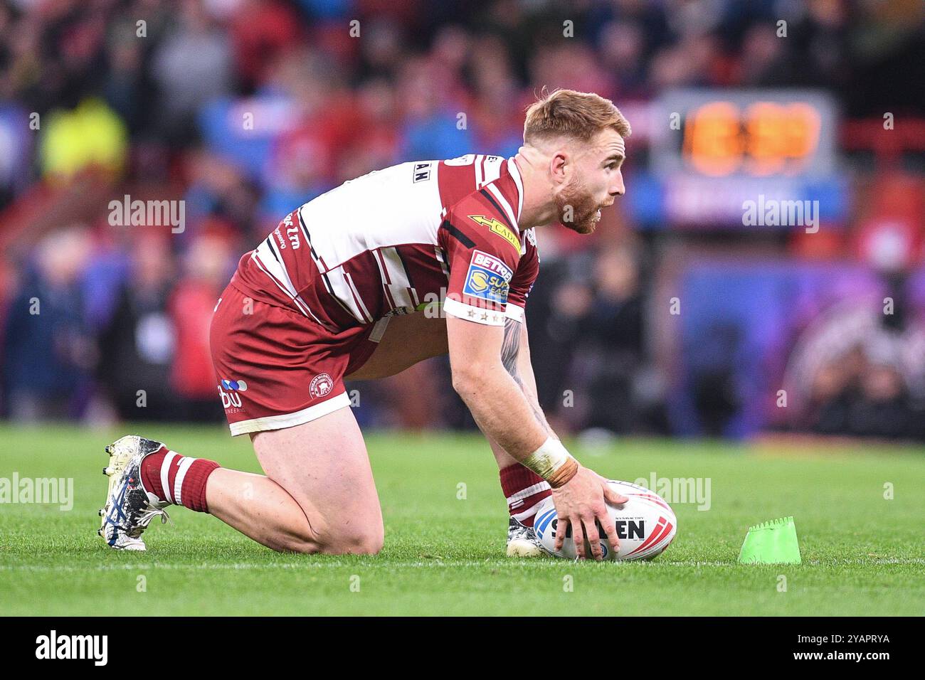 Manchester, England - 12th November 2024 - Adam Keighran of Wigan Warriors lines up kick. Rugby ...