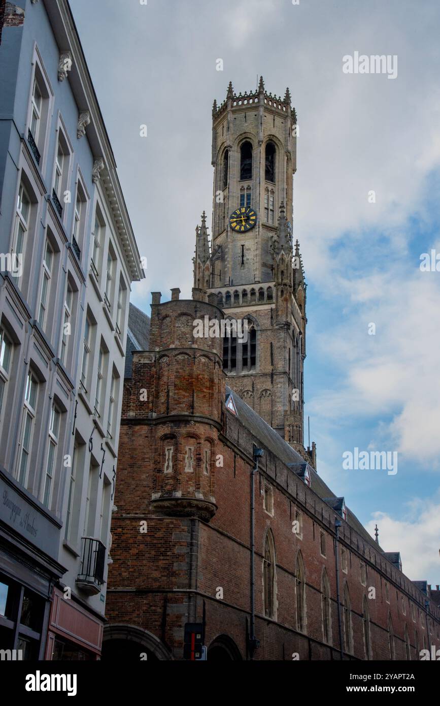 Gothic turret and Gothic Revival octagon crown of the Belfry of Bruges ...