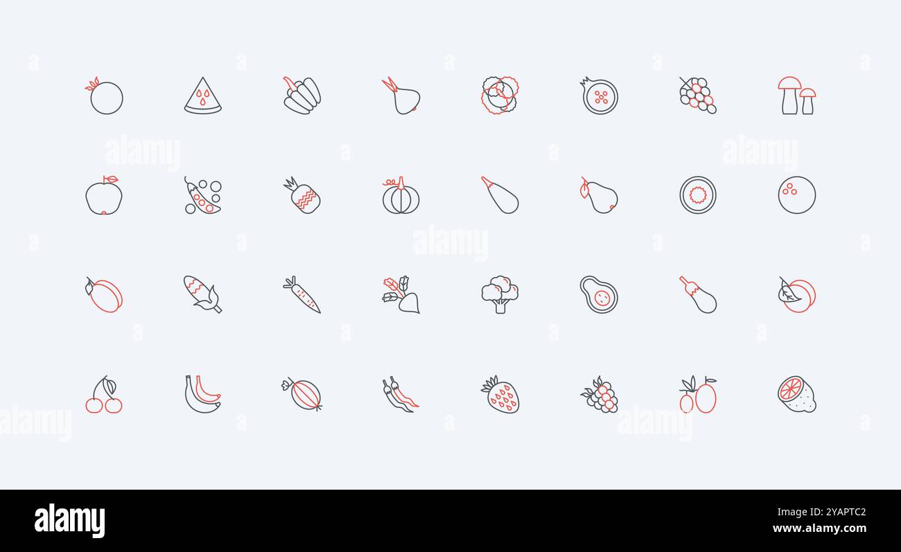 Vegetable, fruit and berry farm harvest, fresh food line icon set. Tomato carrot orange mushroom ...