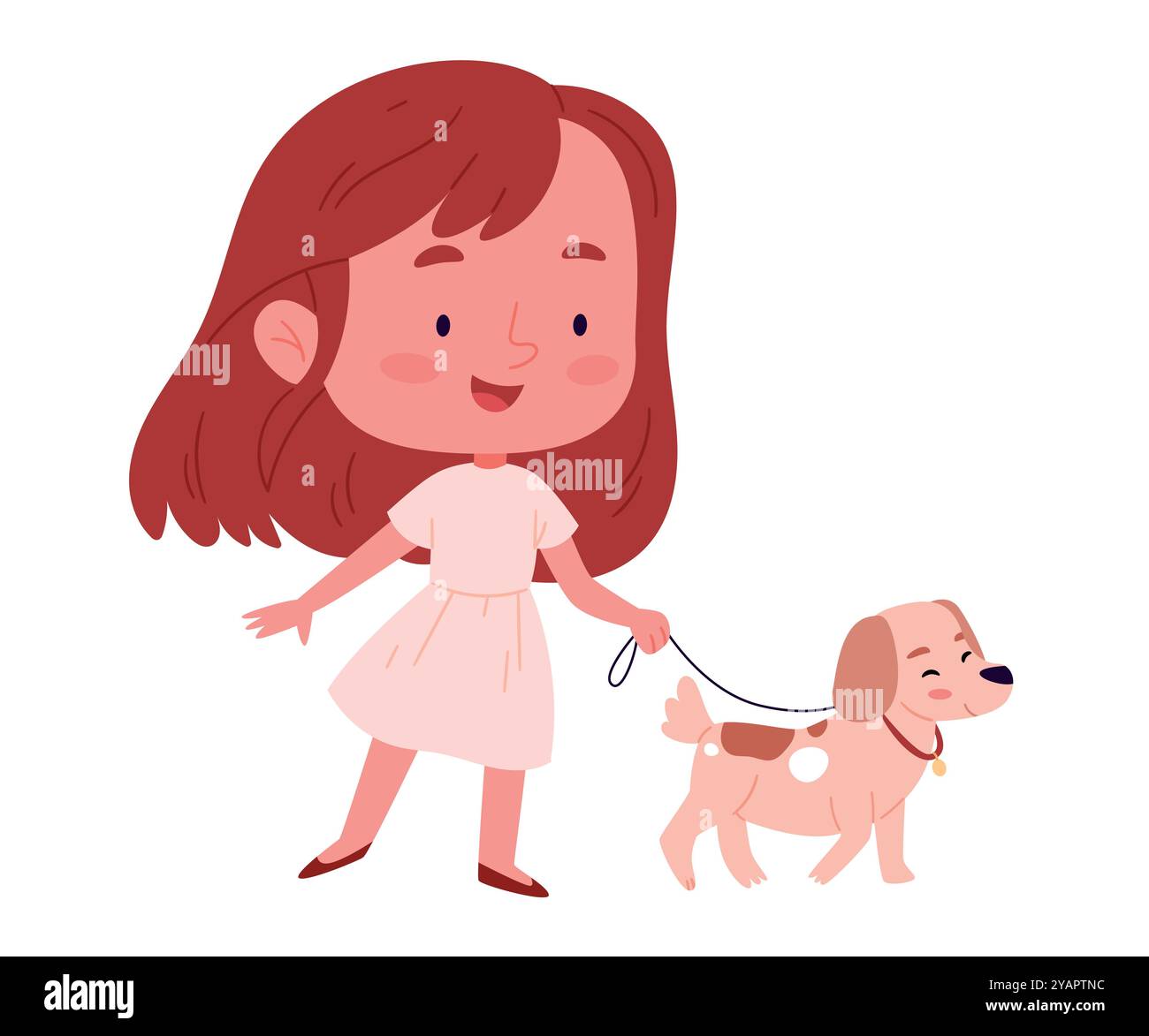 A cartoon girl walks a dog.happy cute little kid play with dog Stock ...